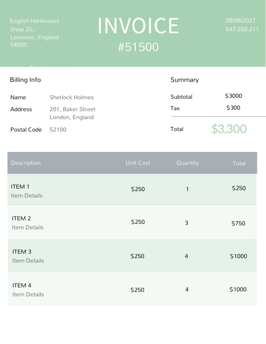 Green Pastel Modern Invoice Template | PosterMyWall