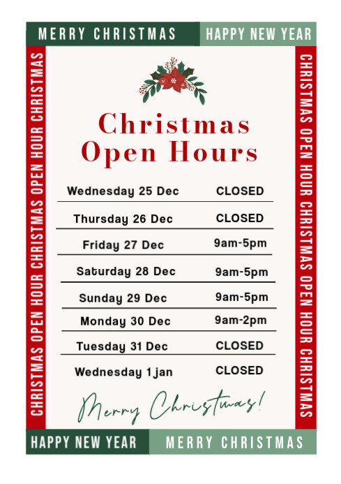 Green Red Festive Christmas Business Open Hours Poster Template ...