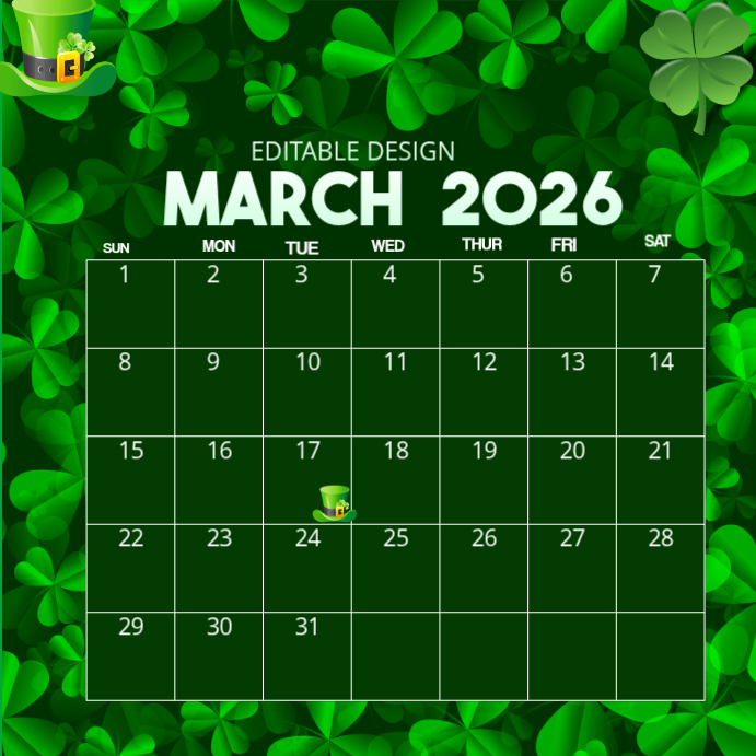 Copy of Green shamrock March Calendar 2026 Instagram Post | PosterMyWall