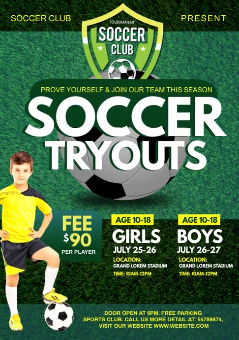 Green Soccer Tryouts Design Template | PosterMyWall