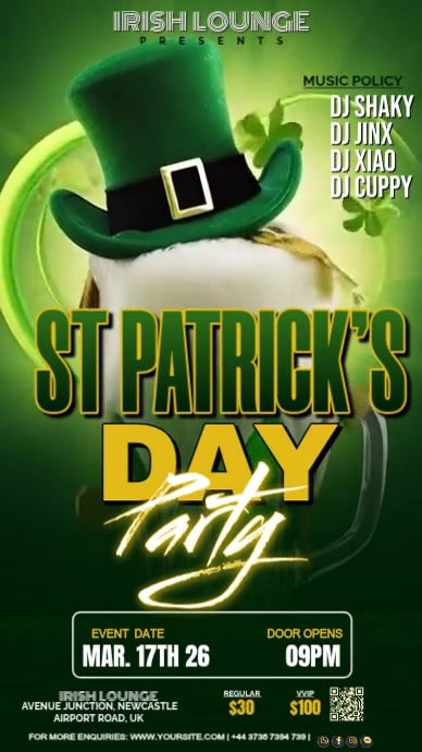Green St Patrick's Day Irish Club Party Video Flyer Digital Display (9: ...