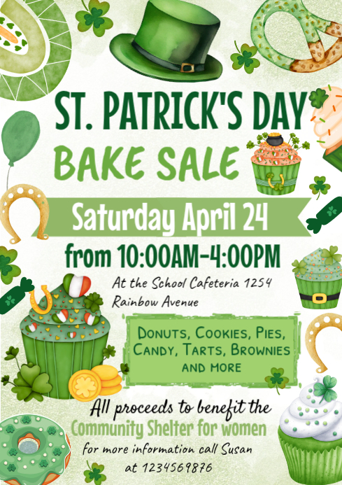 Plantilla de Green St. Patrick's Day Bake Sale A4 | PosterMyWall