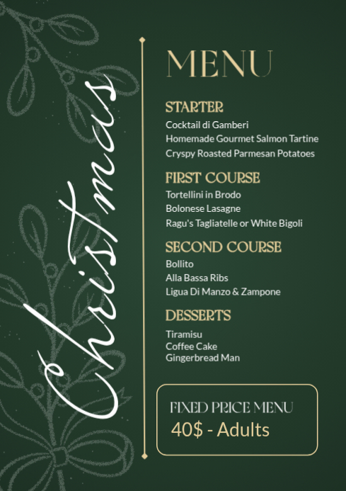 Green White and Gold Elegant Christmas Dinner Menu Template ...