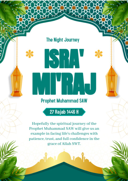 Plantilla de Green White Gold Illustrative Modern 3D Isra Mi'raj 1446 Poster | PosterMyWall