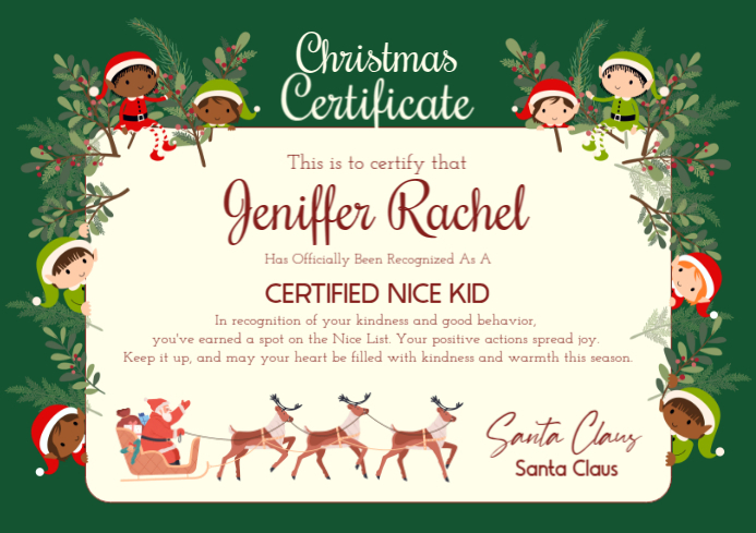 Green Yellow Ilustratif Christmas Certificate A4 Template | PosterMyWall
