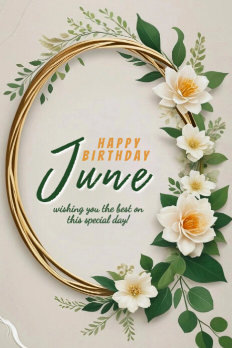 Grey Floral Happy Birthday June Banner 4' × 6' Template | PosterMyWall