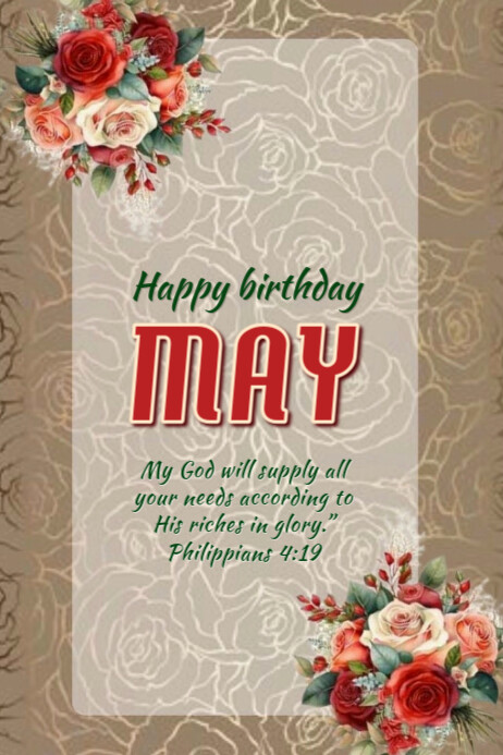 Grey Floral Happy Birthday May Banner 4' × 6' Template | PosterMyWall