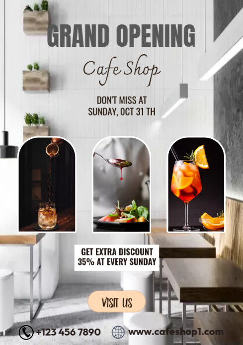 Grey Grand Opening cafe shop flyer Template Modelo | PosterMyWall