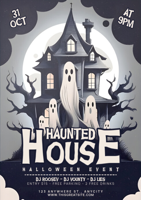 Grey Illustrative Haunted House Halloween Event A4 Template | PosterMyWall