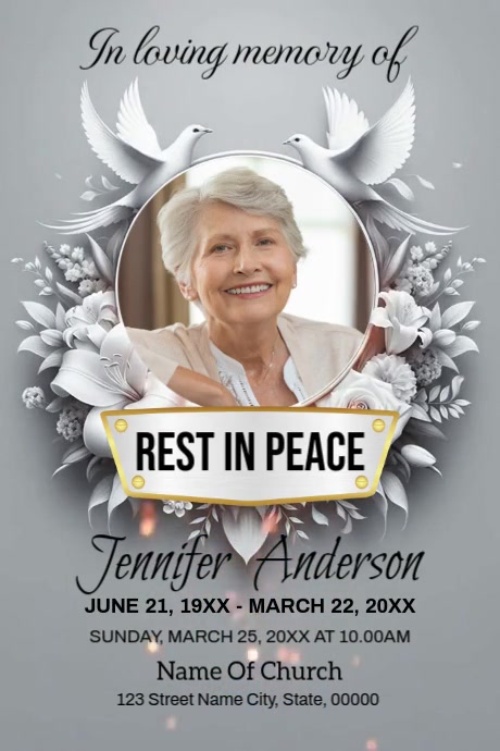 Grey Joyful Funeral Invitation Poster Template | PosterMyWall