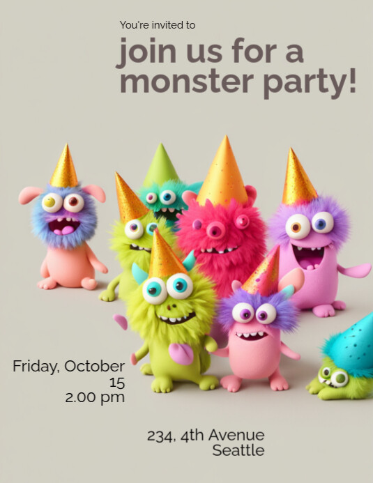 Grey Joyful Monster Party Flyer (us Letter) Template | PosterMyWall