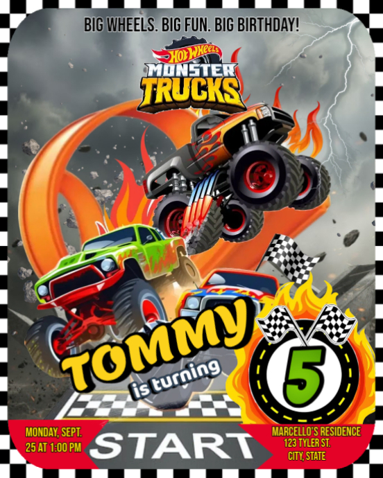 Copy of Grey Joyful Monster Trucks Birthday Template Instagram Portrait ...