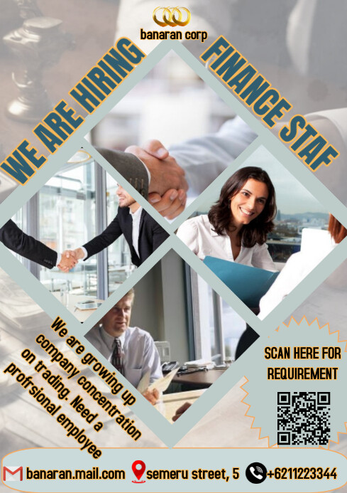 Plantilla de Grey Kolase Hiring Poster Finance Staf A4 | PosterMyWall