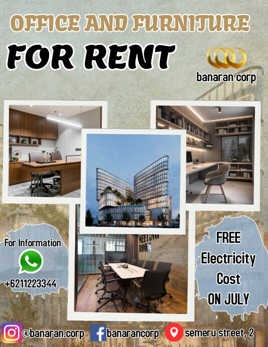 Grey Kolase Office For Rent Pamflet (letter A Template | PosterMyWall