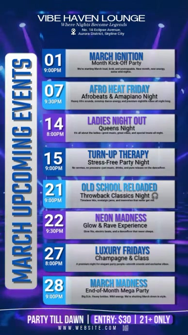 Grey List-based March Upcoming Club Events Flyer | Nightclub Monthly ...