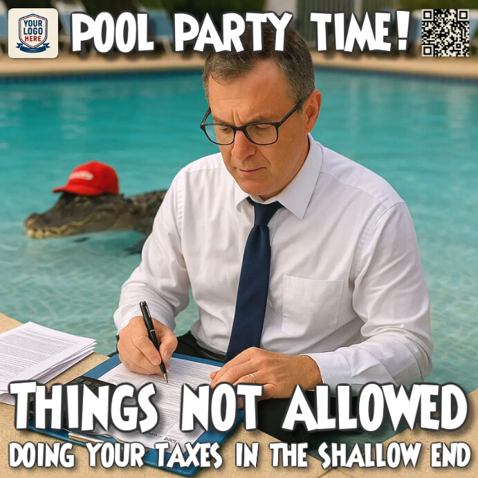 Plantilla de Grey Maximalist Funny Pool Party Invitation No Doing Taxes ...