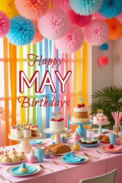Grey Maximalist Happy May Birthdays Banner 4' × 6' Template | PosterMyWall