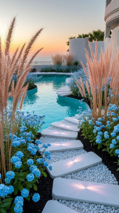 Grey Maximalist Luxury Poolside Garden Path Background Digital Display ...