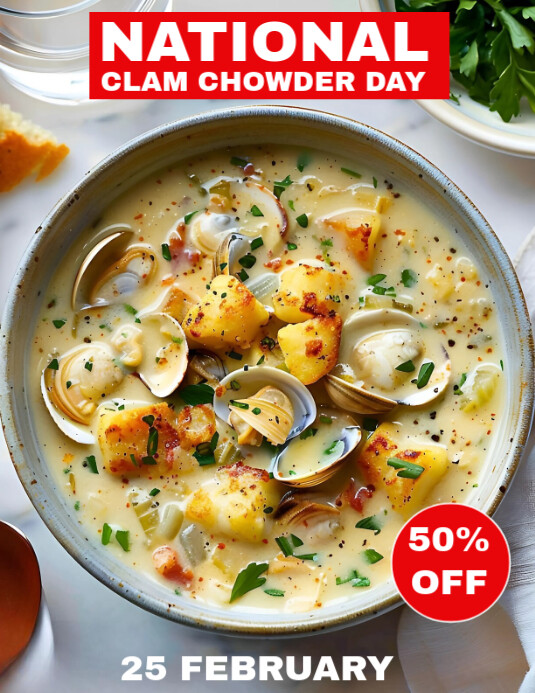Plantilla de Grey Modern & Minimal National Clam Chowder Day Flyer (us ...