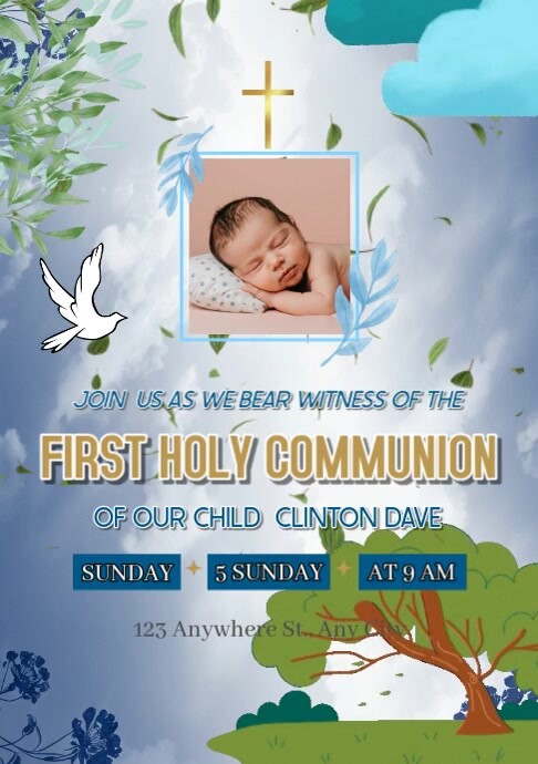 Grey Pastel Blue Sky First Holy Communion Invitation Template A4 ...