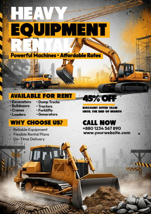 Grey Professional Heavy Equipment Rental A4 Template | PosterMyWall