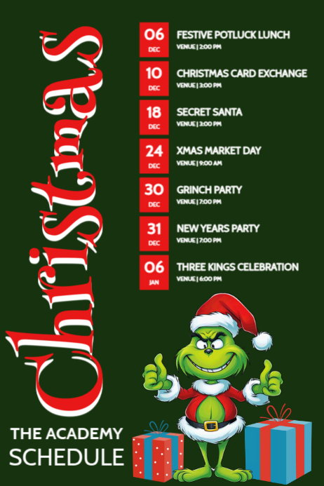 Plantilla de Grinch Christmas Schedule Calendar of Events Poster ...