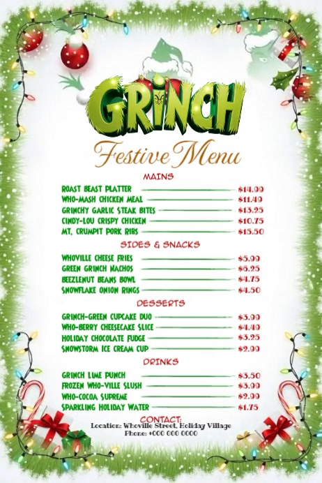 Grinch Festive Holiday Menu List Template | PosterMyWall