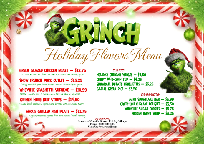 Grinch Holiday Flavors Menu Items Template | PosterMyWall