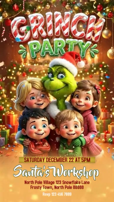 Grinch Themed Kids Christmas Party Invitation Template | PosterMyWall