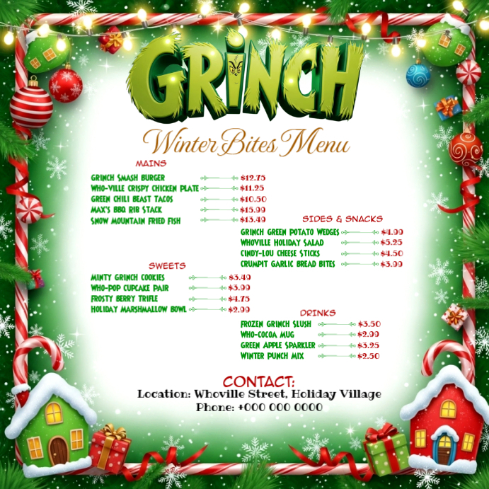 Grinch Winter Bites Holiday Menu Template | PosterMyWall