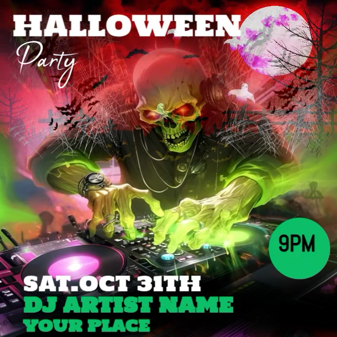 Copy of Grunge High Energy Green Skull Dj Halloween Party Video Flyer ...