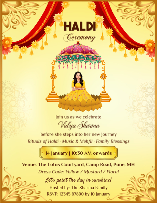 Haldi ceremony for bride invitation card printable template | PosterMyWall