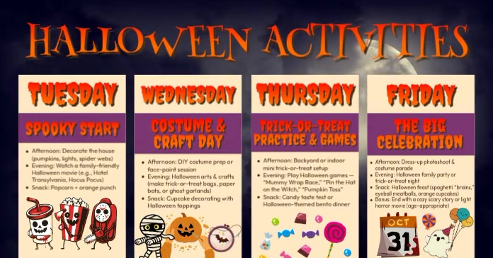 Halloween Activities Week Schedule Poster Template | PosterMyWall