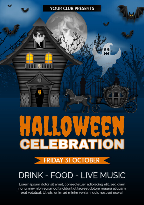 halloween celebration poster with haunted house and old carrisge ...