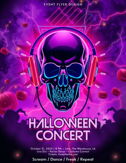 Halloween Concert Flyer Template with Neon Skull and Electric Grunge ...