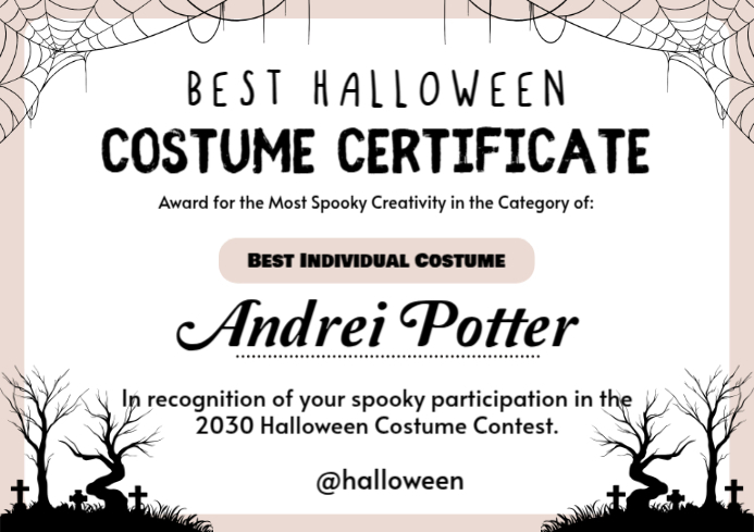 Halloween Costume Award Certificate Template | PosterMyWall