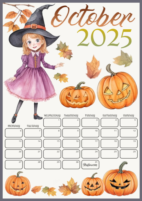 Plantilla de Halloween October Calendar 2025 Printable A4 | PosterMyWall