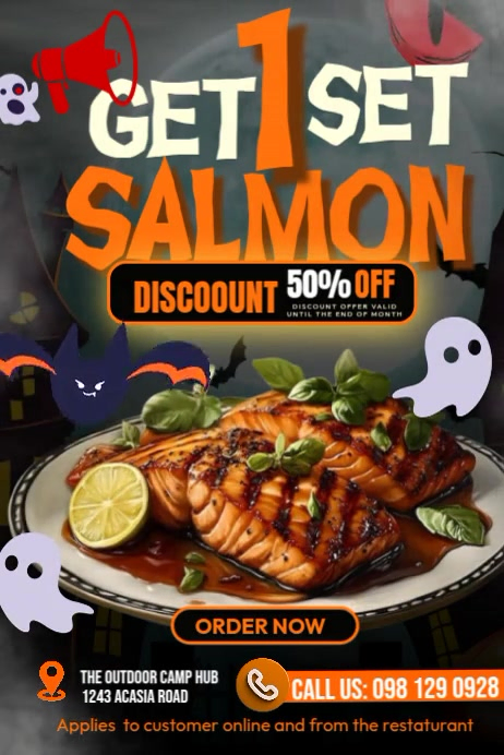 Halloween Salmon Set 50% Off Promo Template | PosterMyWall