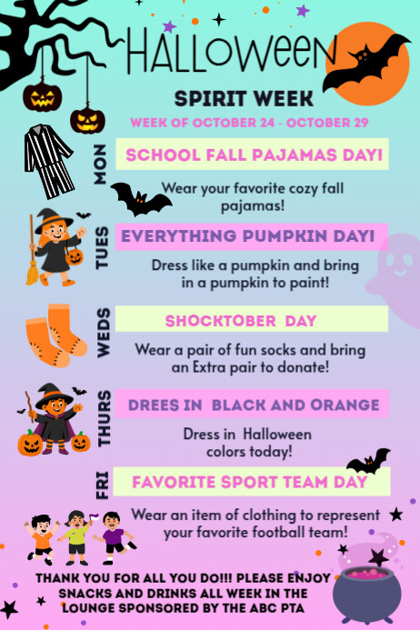 Halloween School Spirit Week Itinerary Template | PosterMyWall