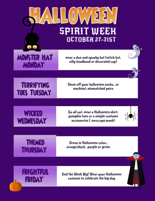Halloween Spirit Week Flyer | Fun Themed School Dress-Up Days Template ...