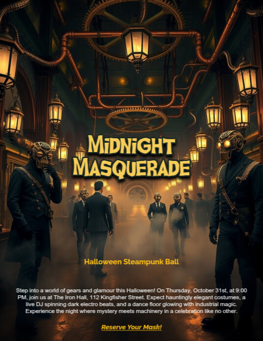 Halloween Steampunk Mask Flyer – Midnight Masquerade Template ...