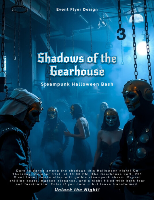 Plantilla de Halloween Steampunk Mask Flyer – Shadows of the Gearhouse ...