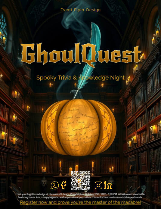 Plantilla de Halloween Trivia Night 2025 – Haunted Library Quiz in ...
