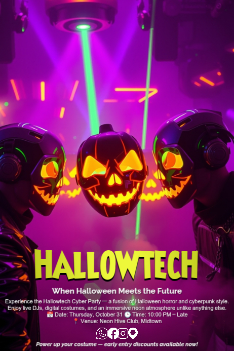 Hallowtech Cyber Party — Futuristic Neon Halloween Club Poster Template ...
