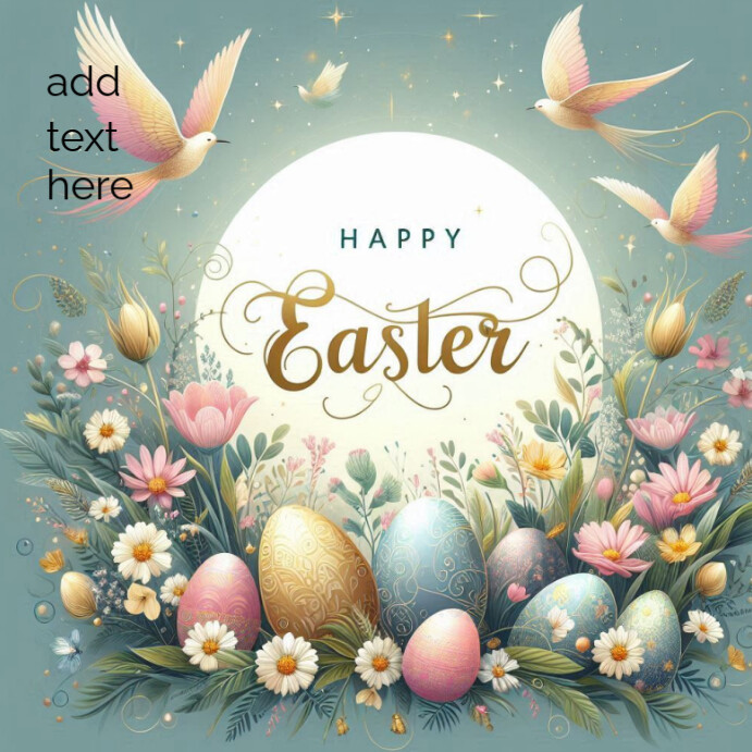 Plantilla de Happy Easter Spring Flowers and Colorful Eggs with Birds ...