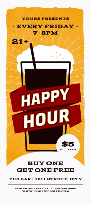 Happy Hour Drink Beer Ad Bar Rack Card Template | PosterMyWall