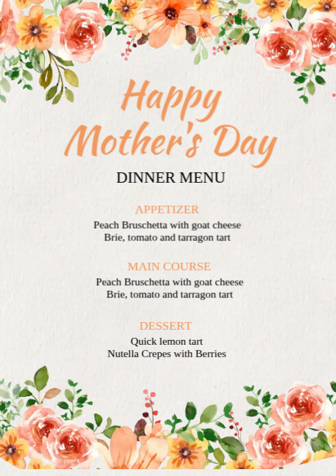 Happy Mother's Day Dinner Menu Template | PosterMyWall