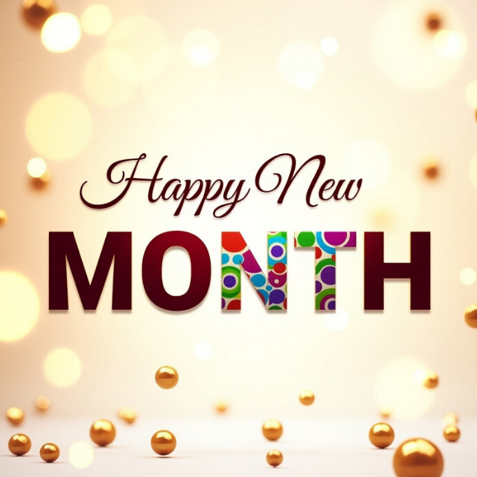 Happy new month greeting with colorful letters and gold confetti ...