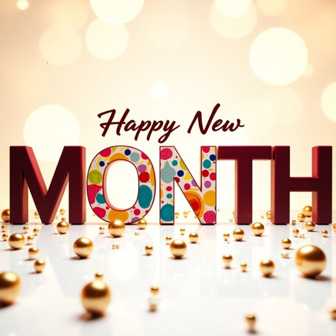 Happy new month greeting with colorful letters and gold confetti ...