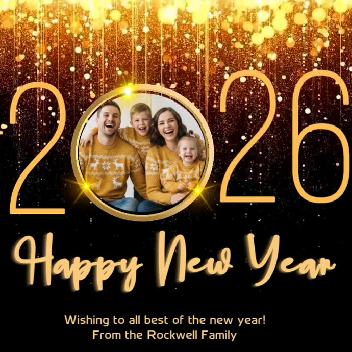Happy New Year 2026 Family Photo Card Template | Gold Glitter New Year ...